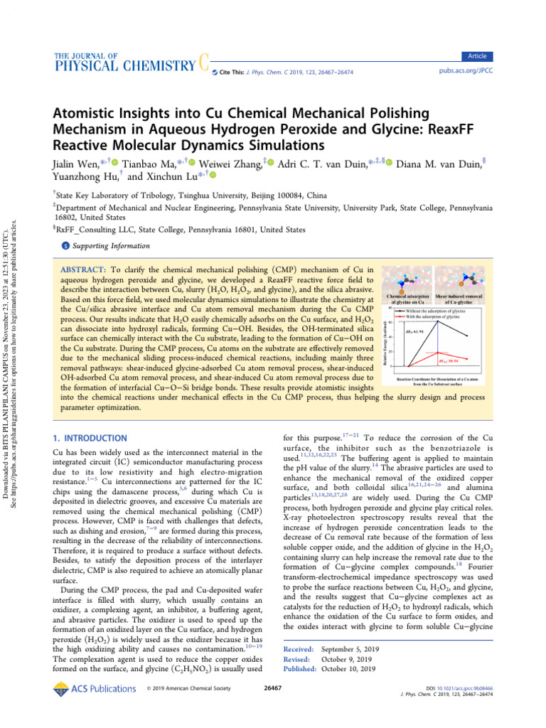 Wen Et Al 2019 Atomistic Insights Into Cu Chemical Mechanical Polishing Mechanism in Aqueous ...