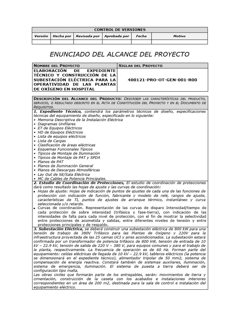 Enunciado Del Alcance Del Proyecto - R00 | PDF | Ingenieria Eléctrica | Energia electrica