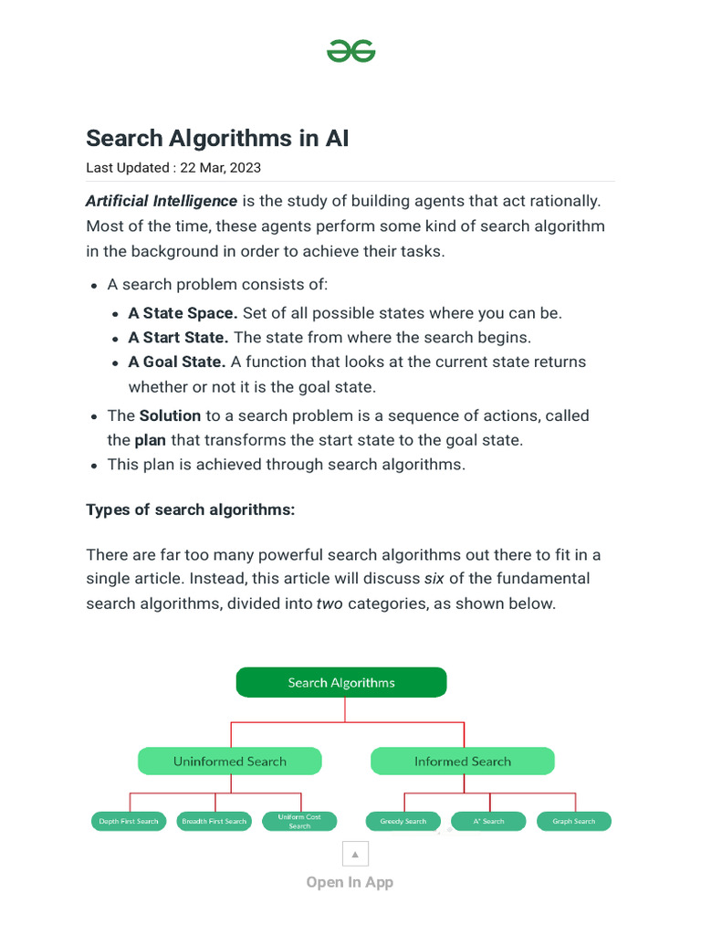 Search Algorithms In Ai Last Updated 22 Mar 2023 Pdf Applied Mathematics Computational