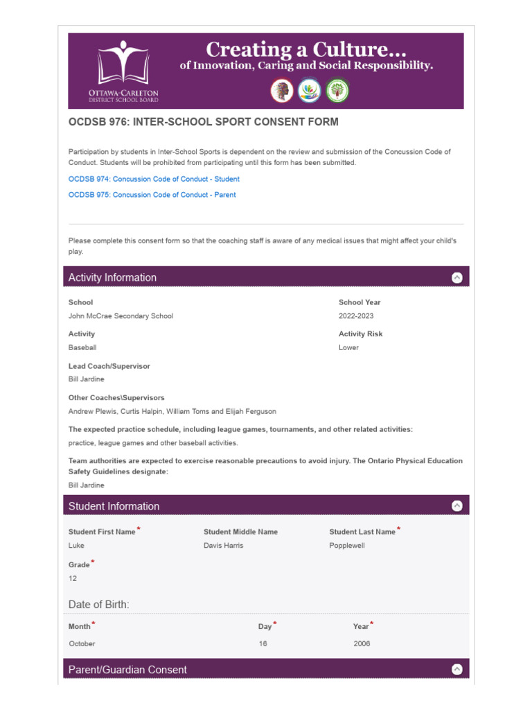 Ocdsb 976 - Inter-School Sport Consent Form | PDF | Informed Consent ...