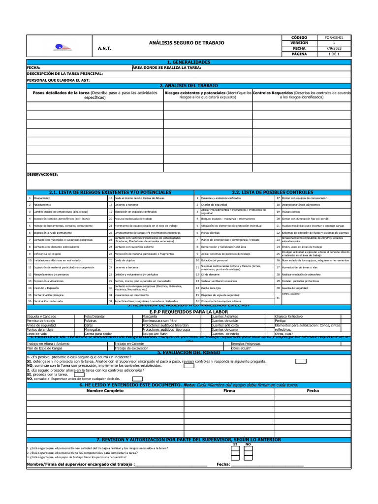 Formato - Analisis Seguro de Trabajo Cerz Ingenieria | PDF