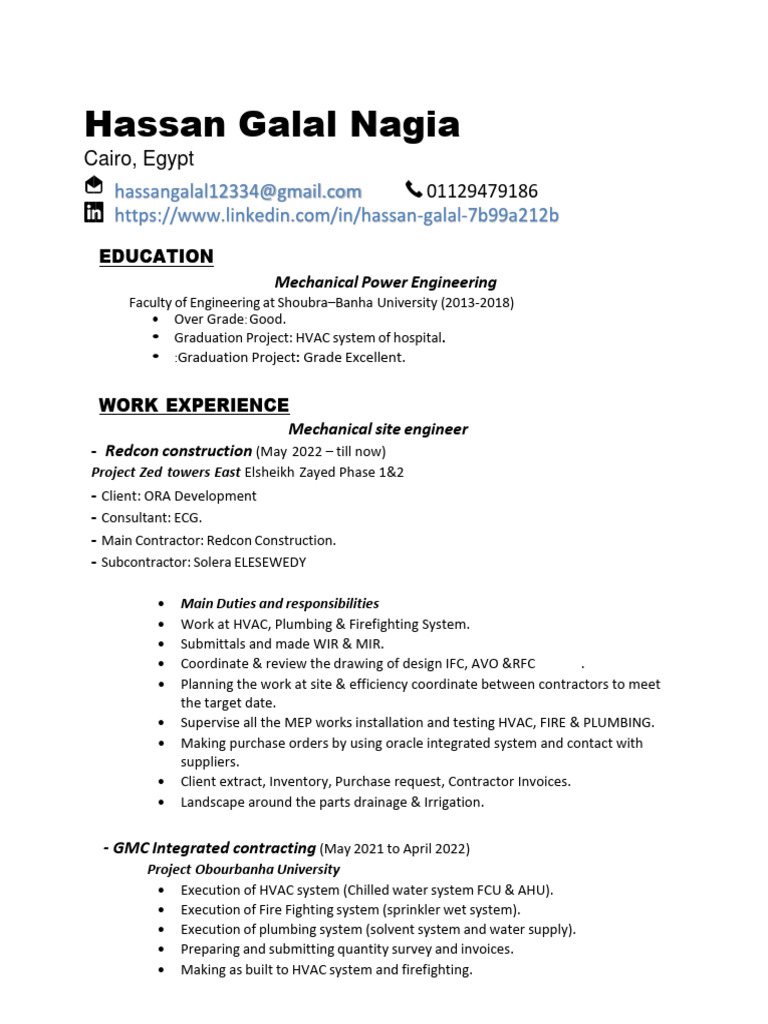 CV - Hassangalal Mechanical Engineer Mep | PDF | Plumbing | Building ...
