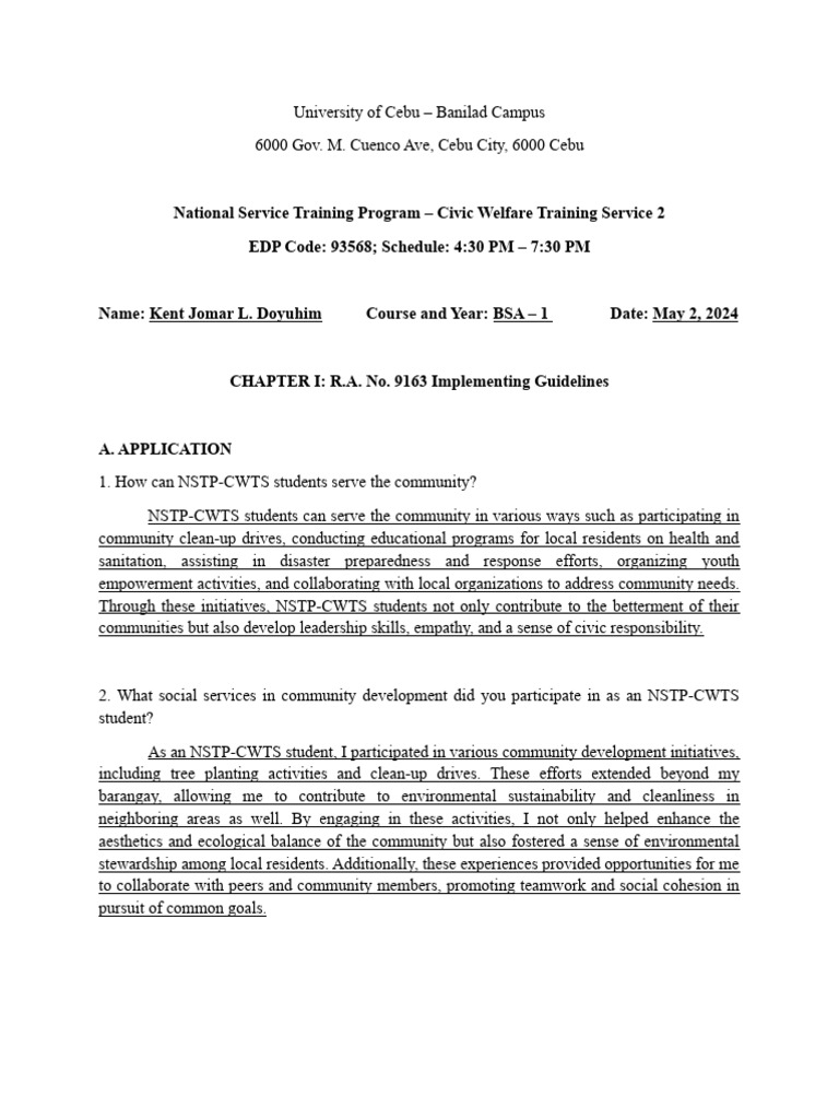 Doyuhim NSTP CWTS 102 Chapter 1 3 Activities | PDF | Community | Experiential Education