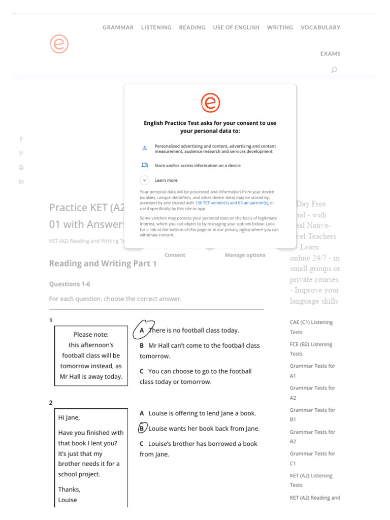 Practice KET (A2) Reading and Writing Test 01 With Answers | PDF