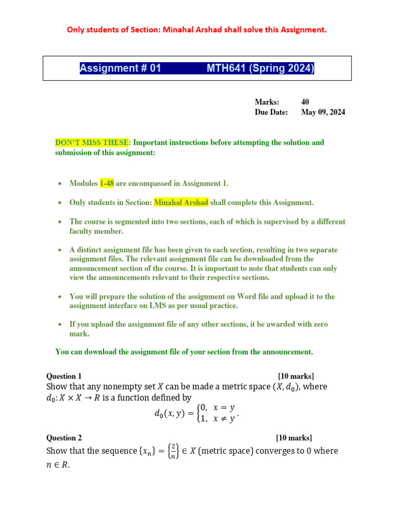 MTH641 Assignment 1 Spring 2024 Minahal Arshad | PDF | Teaching Methods & Materials
