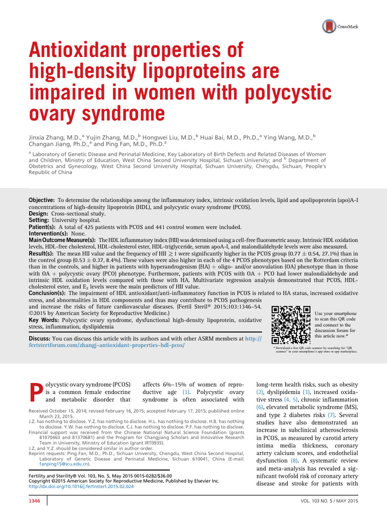 Antioxidant Properties of High Density Lipoproteins Are Im - 2015 - Fertility An | PDF | High ...
