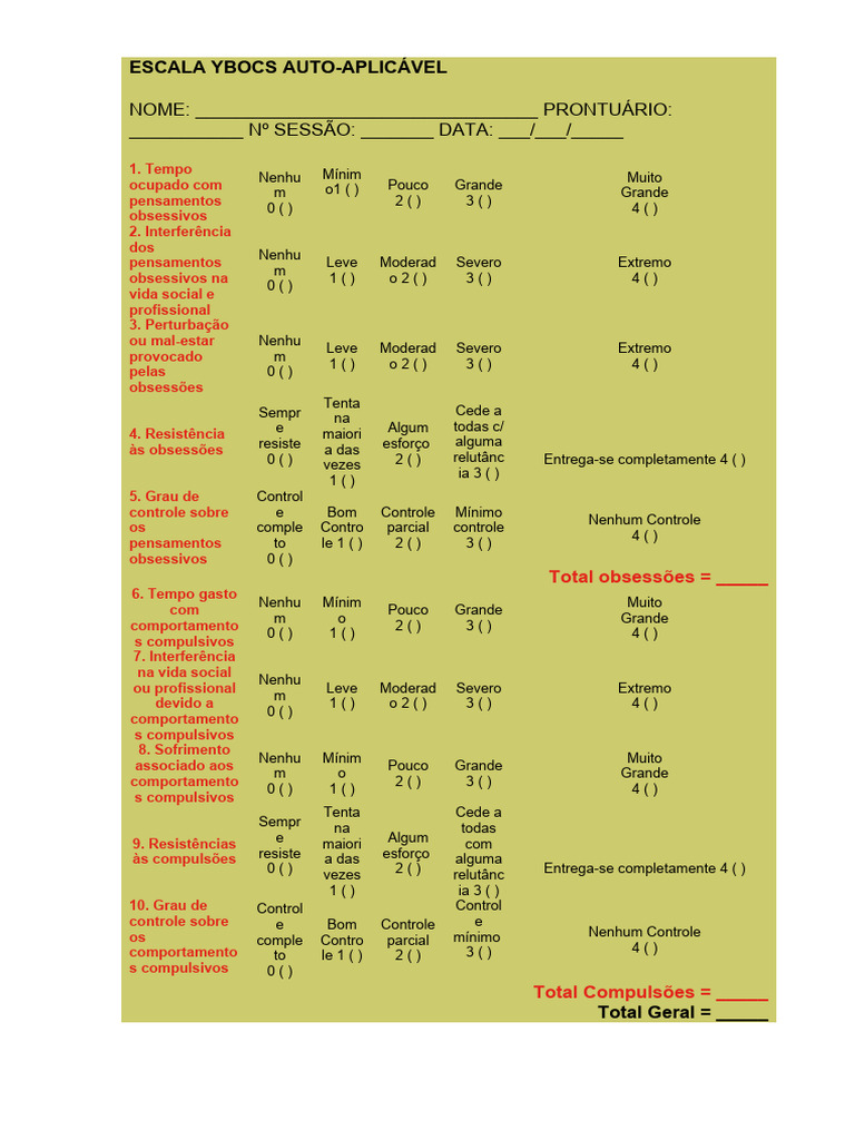 Escala Ybocs | PDF | Transtorno obsessivo compulsivo (TOC) | Ansiedade