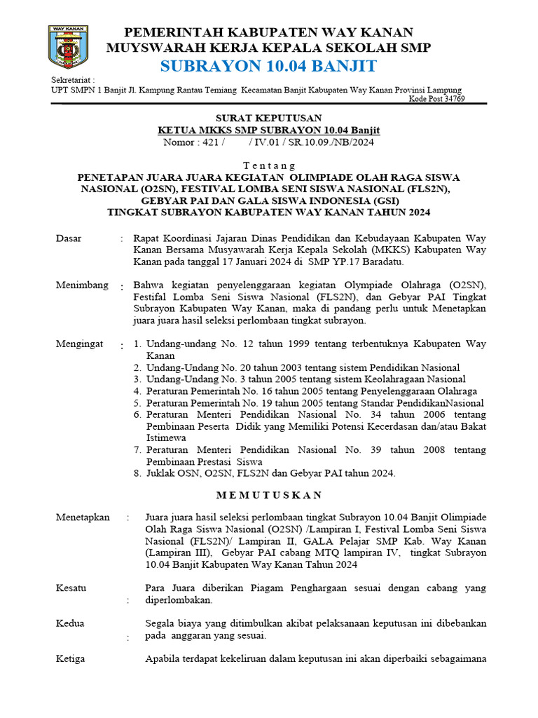 SK Penetapan Juara O2sn, FLSN, Gebyar Pai, Gala Siswa 2023 Tingkat ...