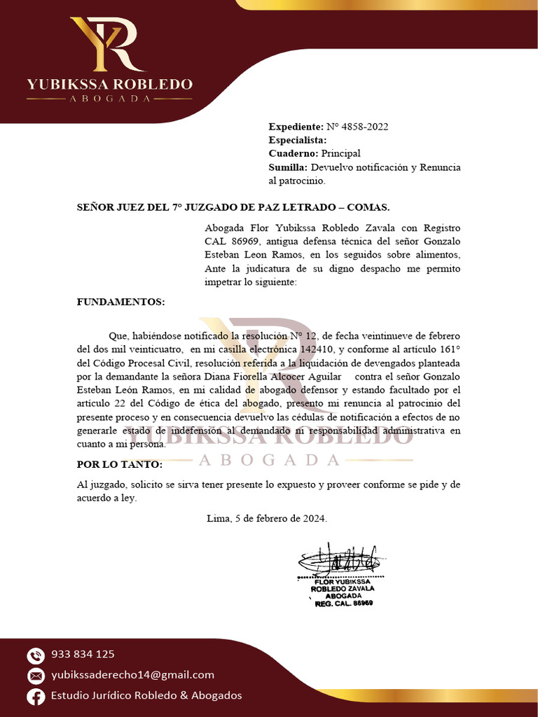 Devuelvo Notificacion y Renuncia Al Patrocinio | PDF