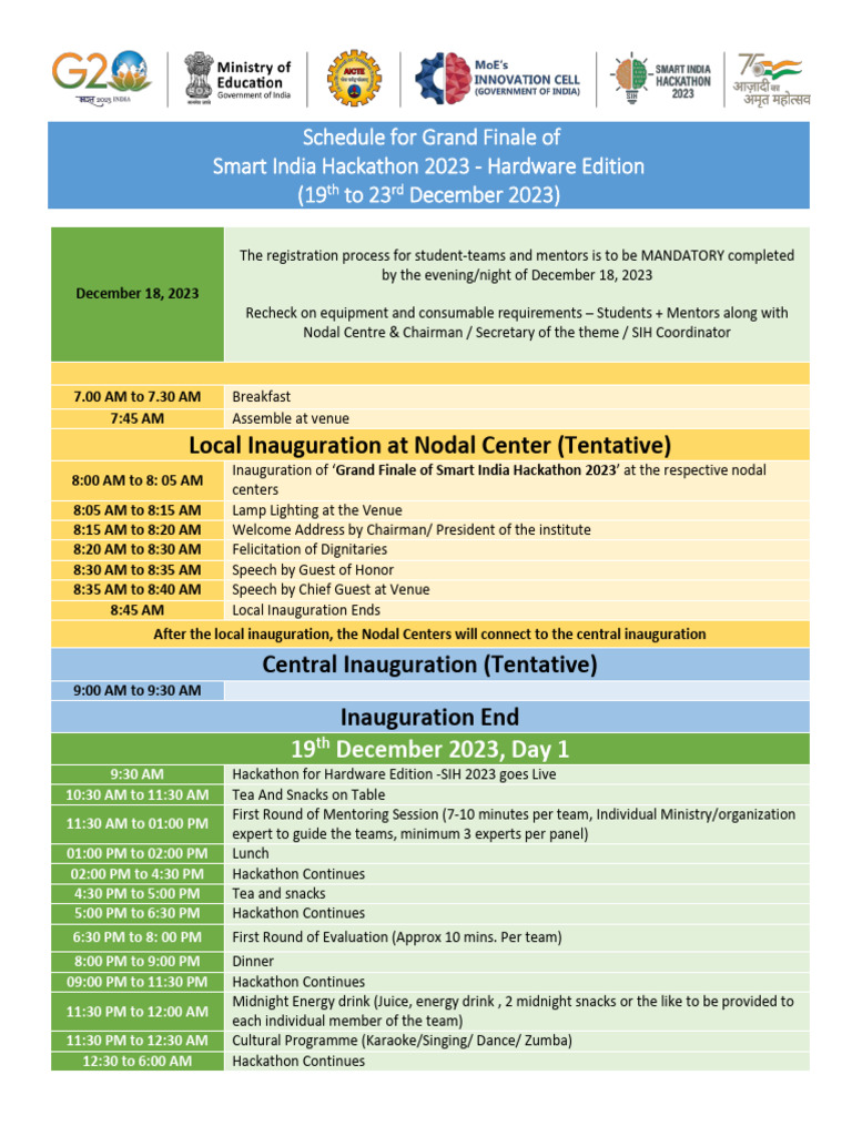 Final Schedule For SIH 2023 Hardware - 20231211 | PDF | Lunch | Drink