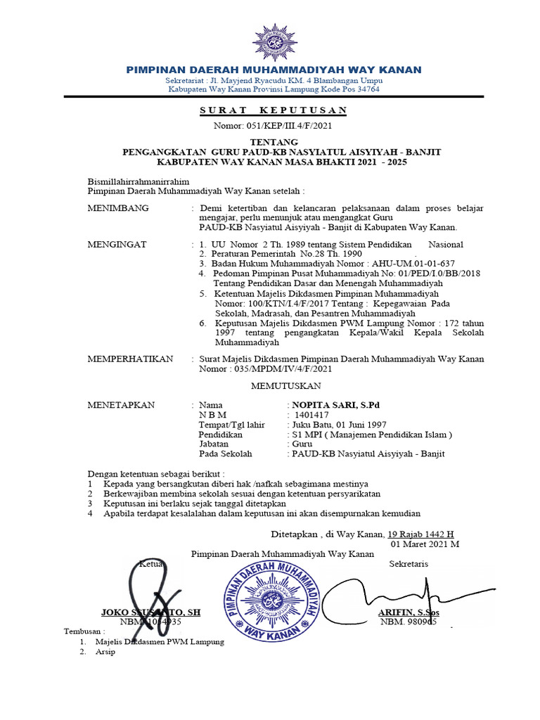 SK Guru - PAUD-KB Nasyiatul Aisyiyah-Banjit - NOPITA SARI | PDF