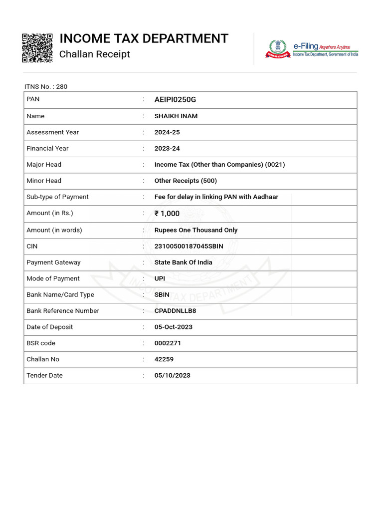 23100500187045SBIN - ChallanReceipt (1) 15465 | PDF | Taxes | Payments