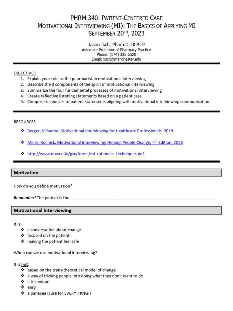 2023 - Motivational Interviewing - Handout | PDF | Hypertension | Tobacco Smoking