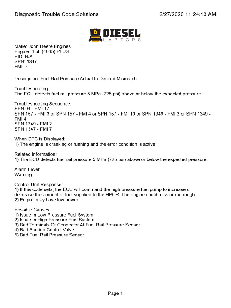 John Deere SPN 1347 FMI 7 Troubleshooting | PDF