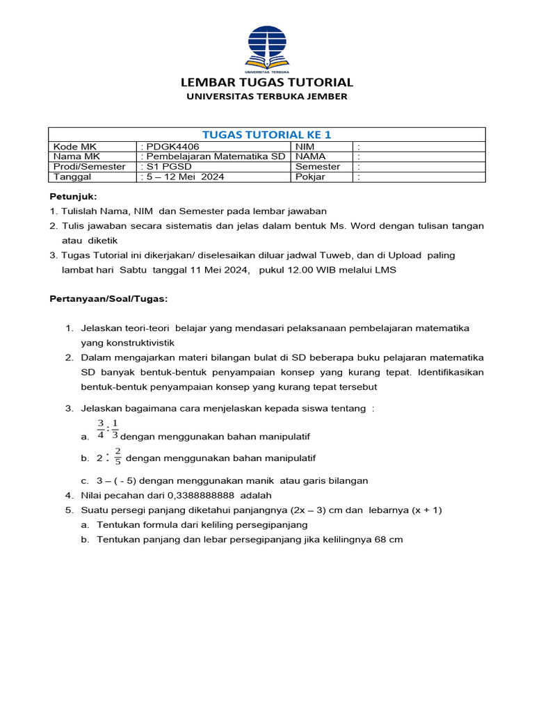 Tugas Tutorial Ke 1 - Pembl Mat SD | PDF