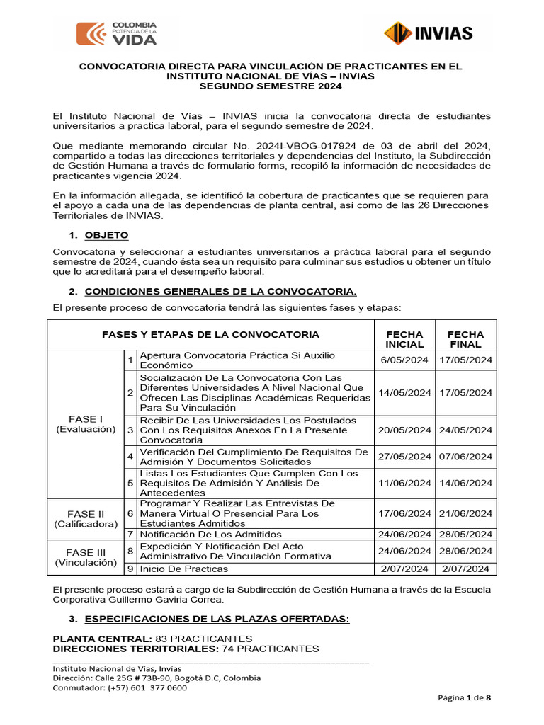 Parametros Convocatoria Practicas Invias 2024 | PDF | Ingeniero civil | Ingeniería