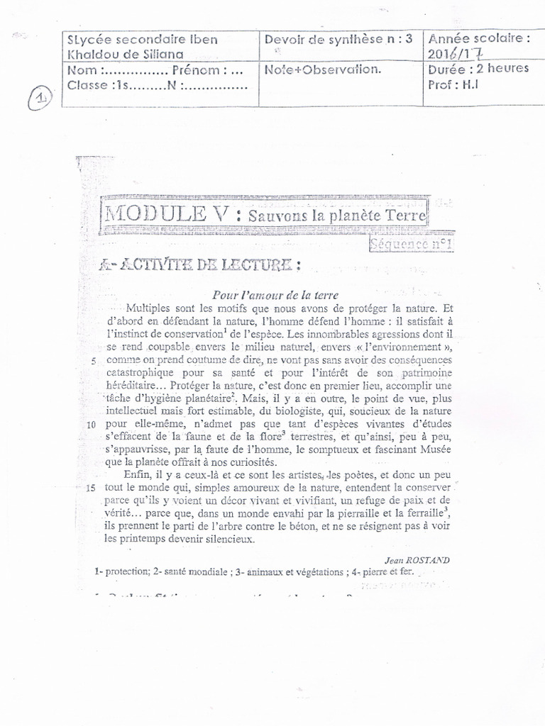 Devoir - de - Synthese - N3-1ere - Annee Secondaire-Français - Lycee ...