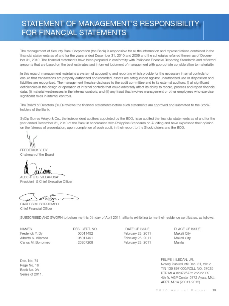 Statement of Management'S Responsibility For Financial Statements ...