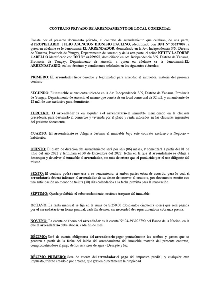 Contrato de Arrendamient Yanama | PDF | Justicia | Crimen y violencia