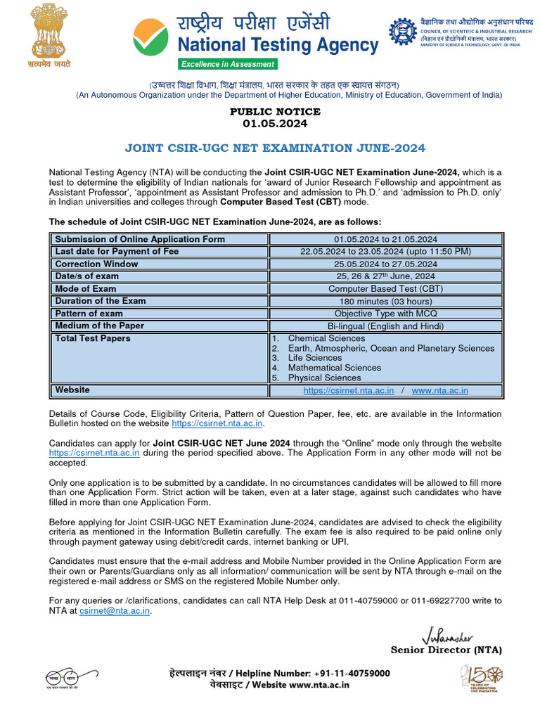 Public Notice Joint CSIR UGC NET June 2024 Opening of Application Form ...