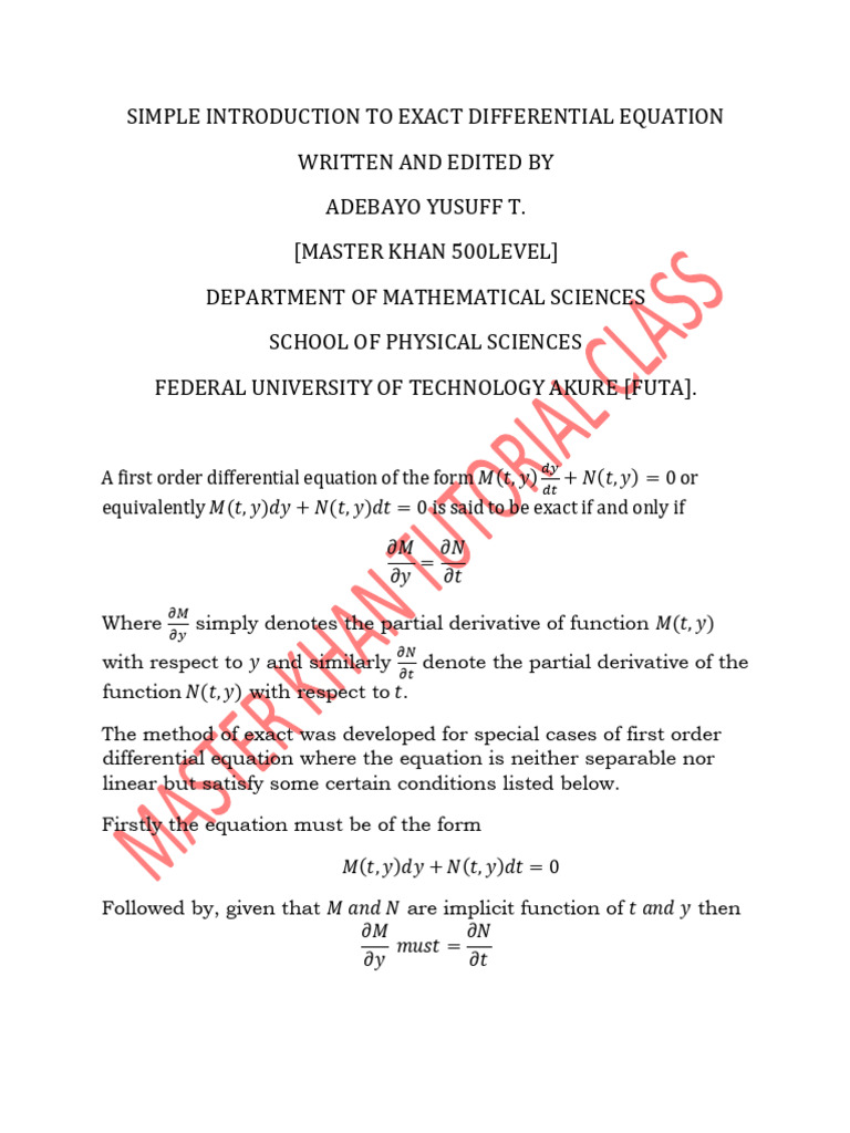 Introduction to Exact Differential Equation | PDF | Equations ...