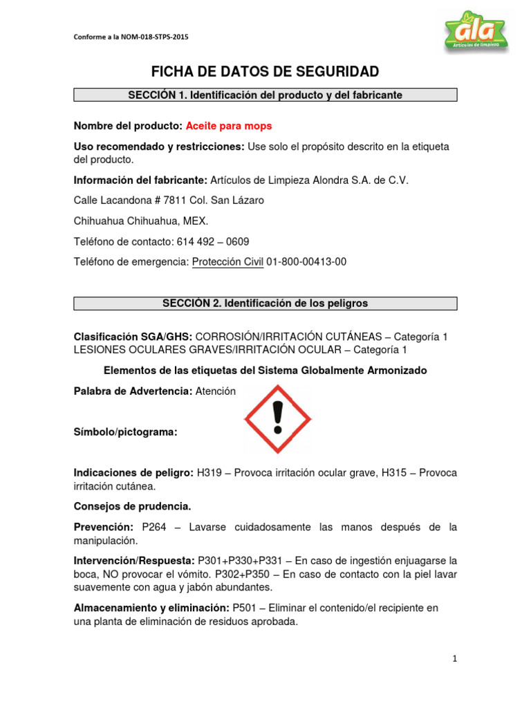 SGA1 FICHA DE DATOS DE SEGURIDAD - Aceite para Mops | PDF | Reciclaje ...