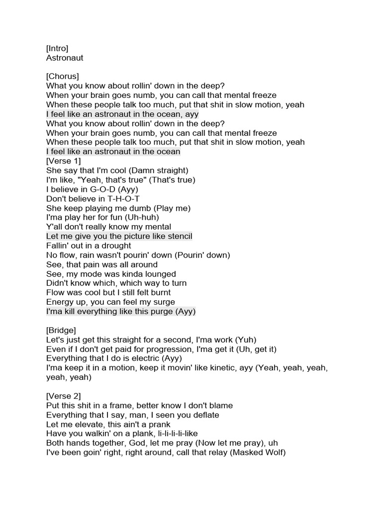 Astronaut in the Ocean Lyrics | PDF | Sound Recording | Recorded Music