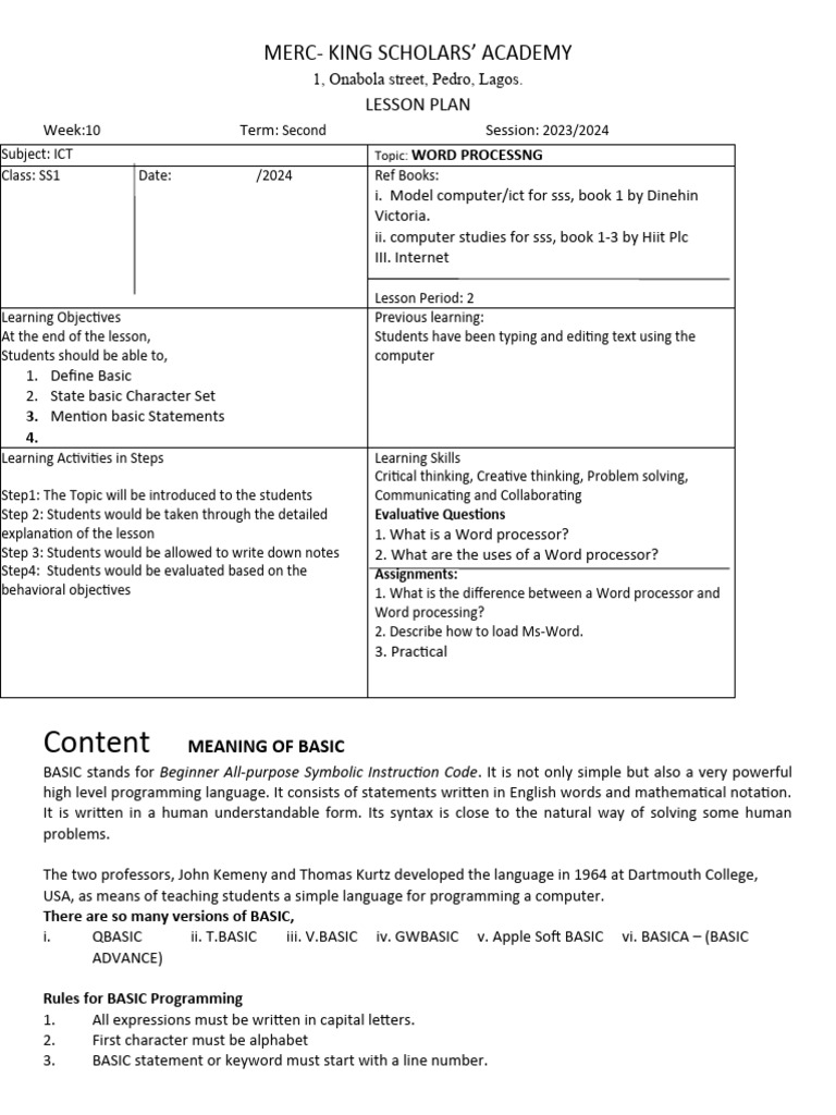 Ict Ss1 Wk9 Programming Language Ii Basic Pdf Programming