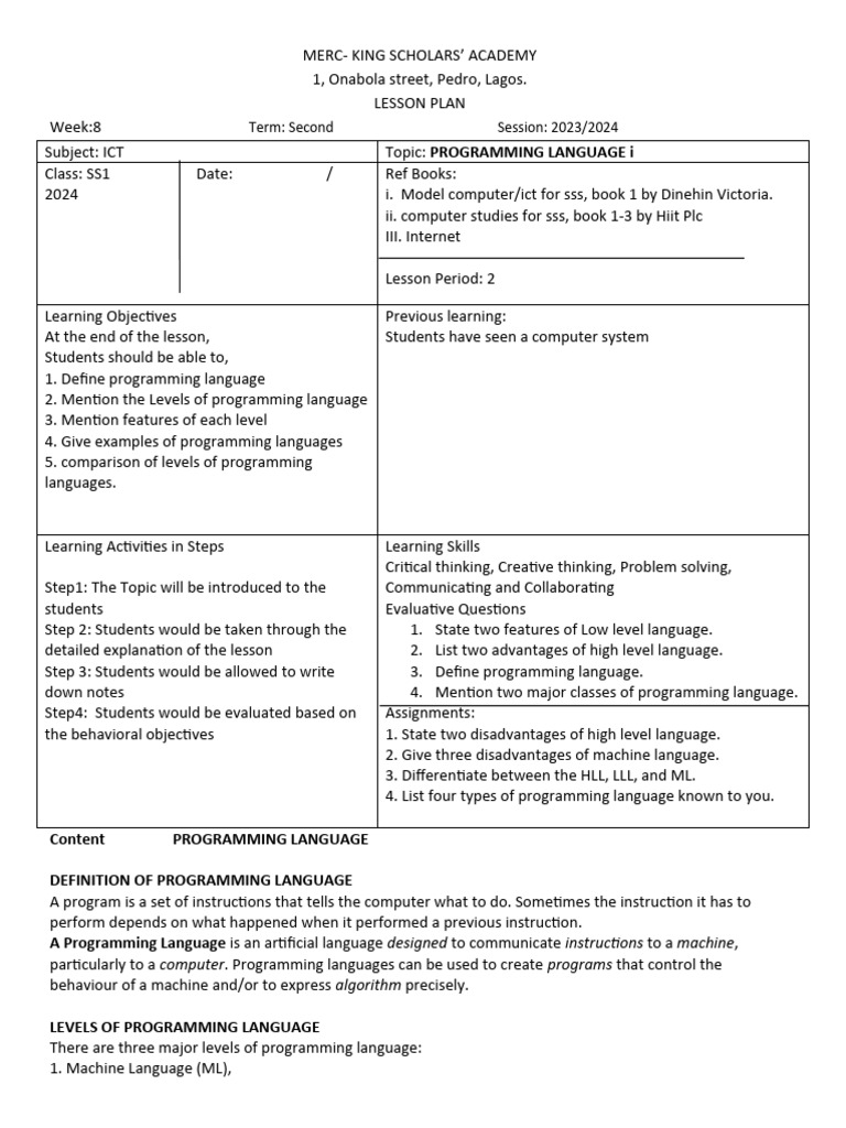 Ict Ss1 Wk8 Programming Language I Pdf Assembly Language Computer Program 