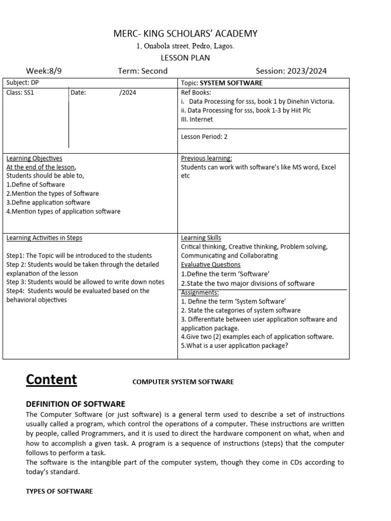 SS1 System Software Lesson Plan | PDF | Software | Application Software