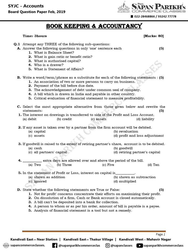 SYJC Accounts Board Question Paper of Feb 2019 | PDF | Debits And ...
