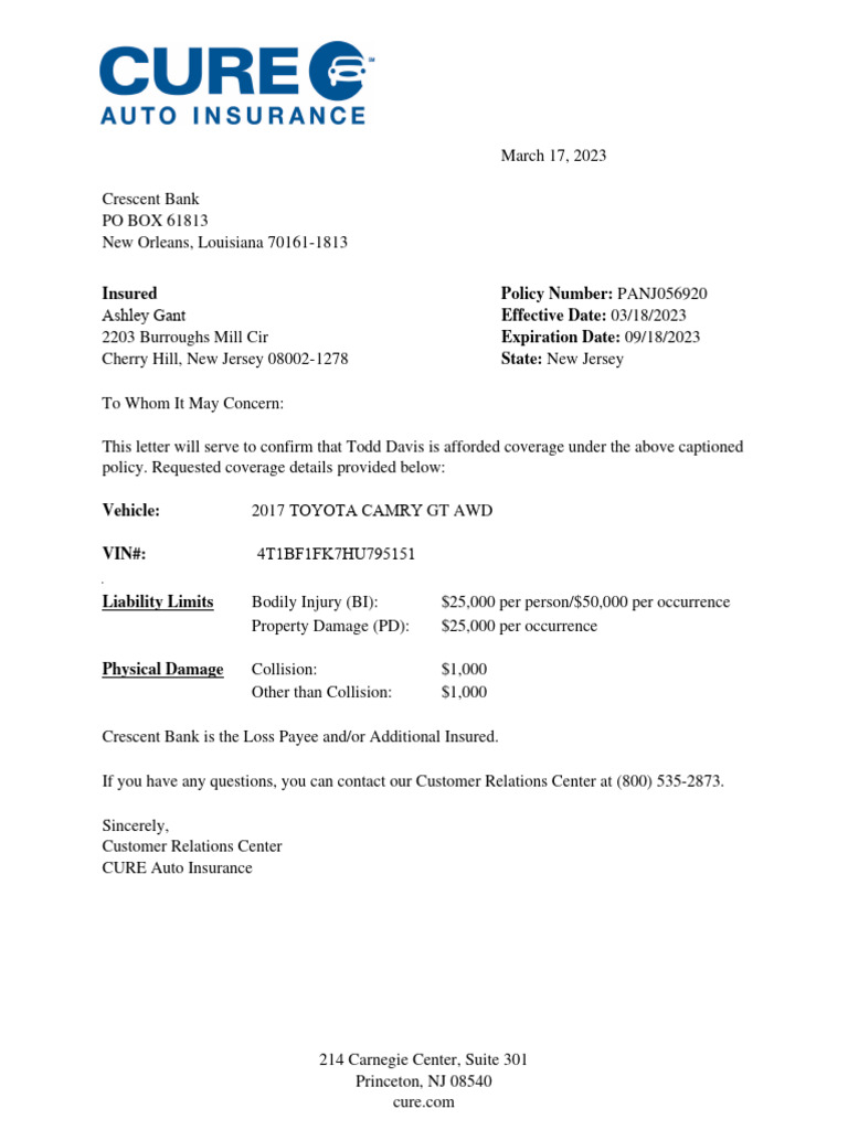 Binder For Cure Car Insurance | PDF