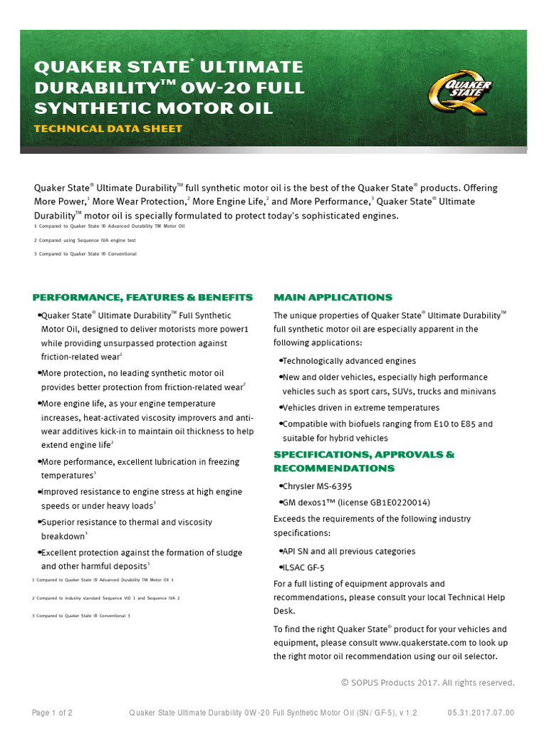 QS Ultimate Durability SAE 0W-20 Full Synthetic Motor Oil TDS Nov | PDF ...