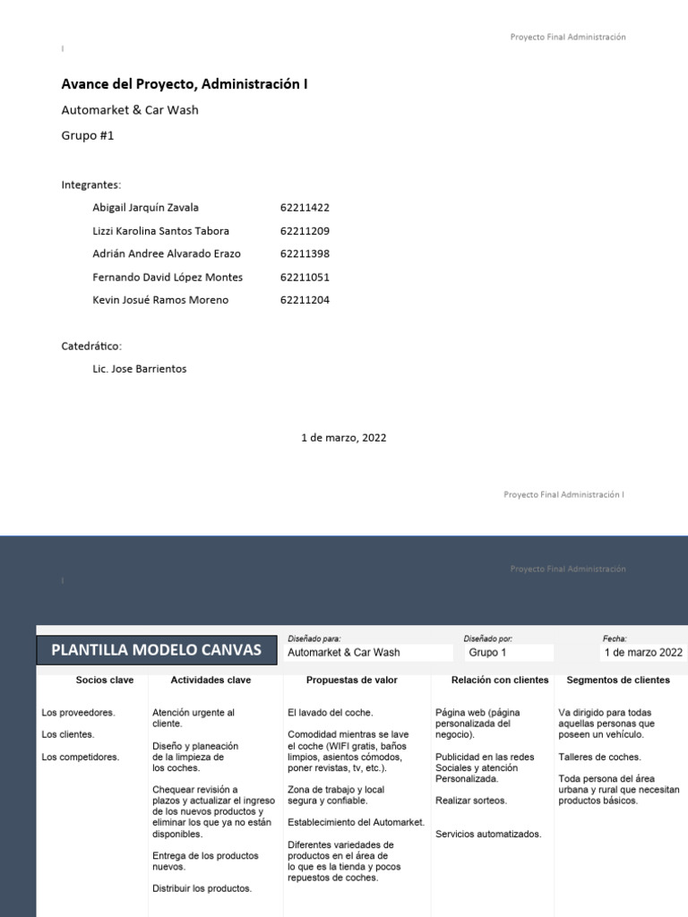 Avance Del Proyecto, Modelo Canvas | PDF | Lavar