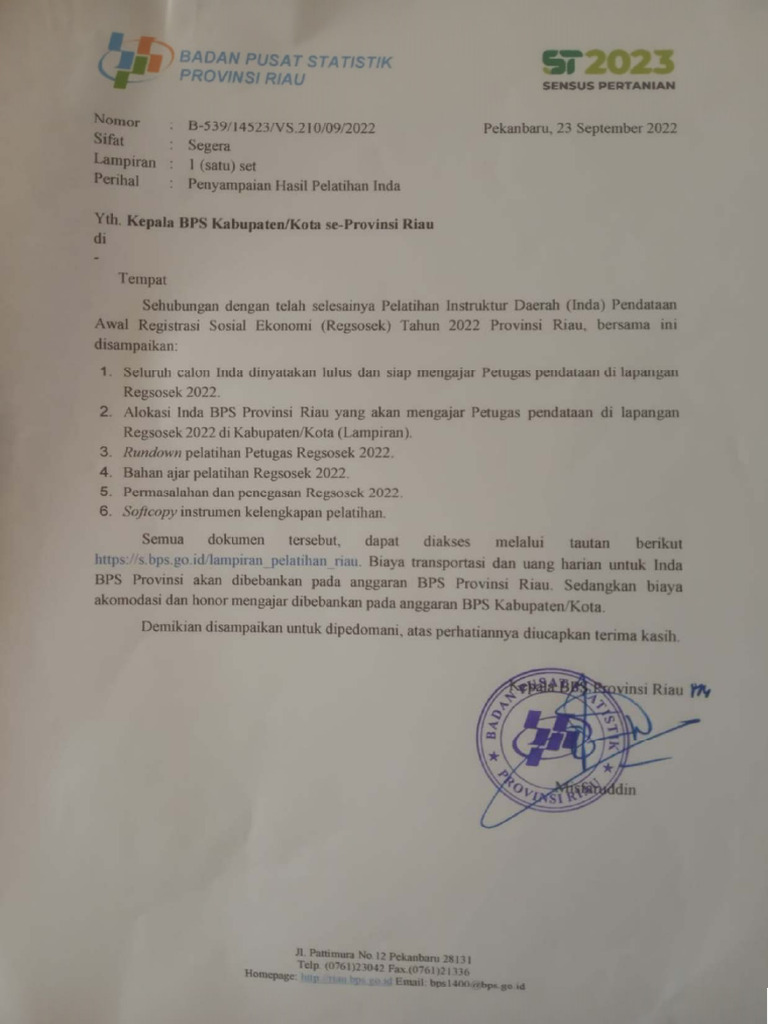 Surat B539 Penyampaian Hasil Pelatihan Inda | PDF