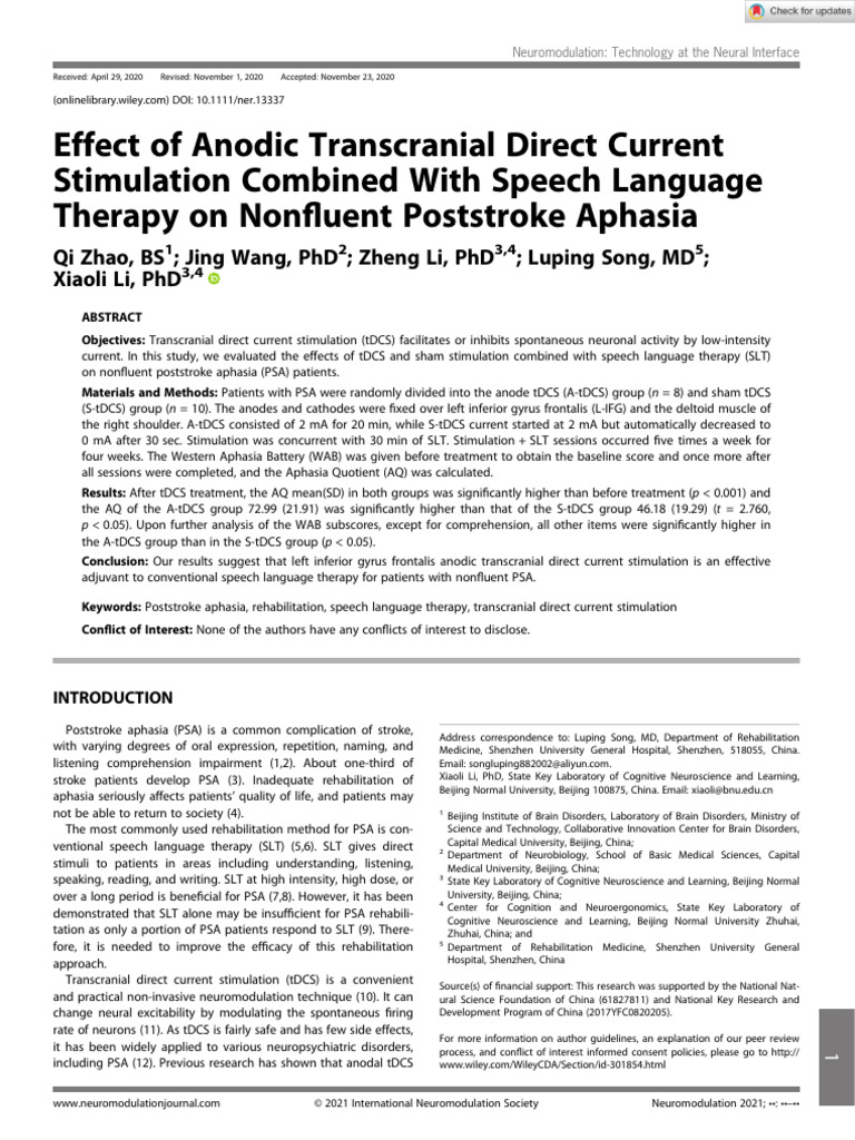 Effect of Anodic Transcranial Direct Current Stimulation Combined With ...