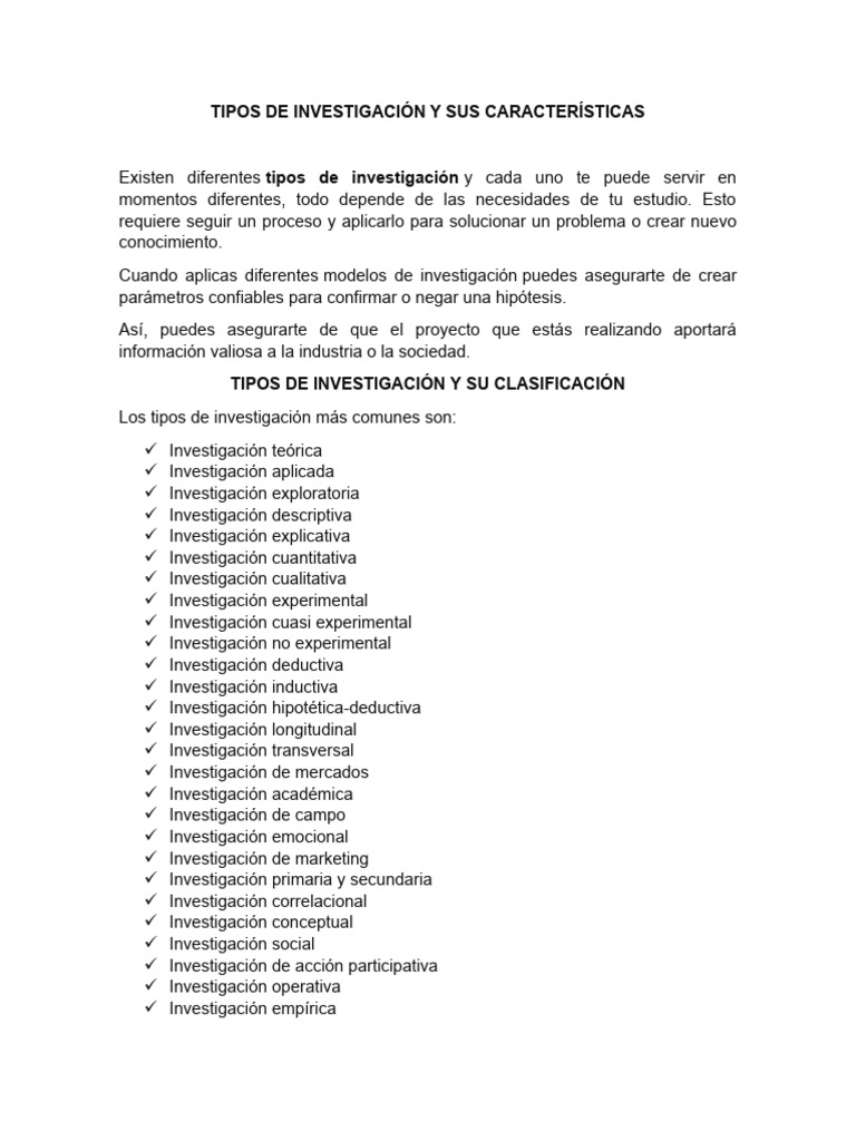 Tipos de Investigación y Sus Características | PDF | Experimentar | Investigación cuantitativa