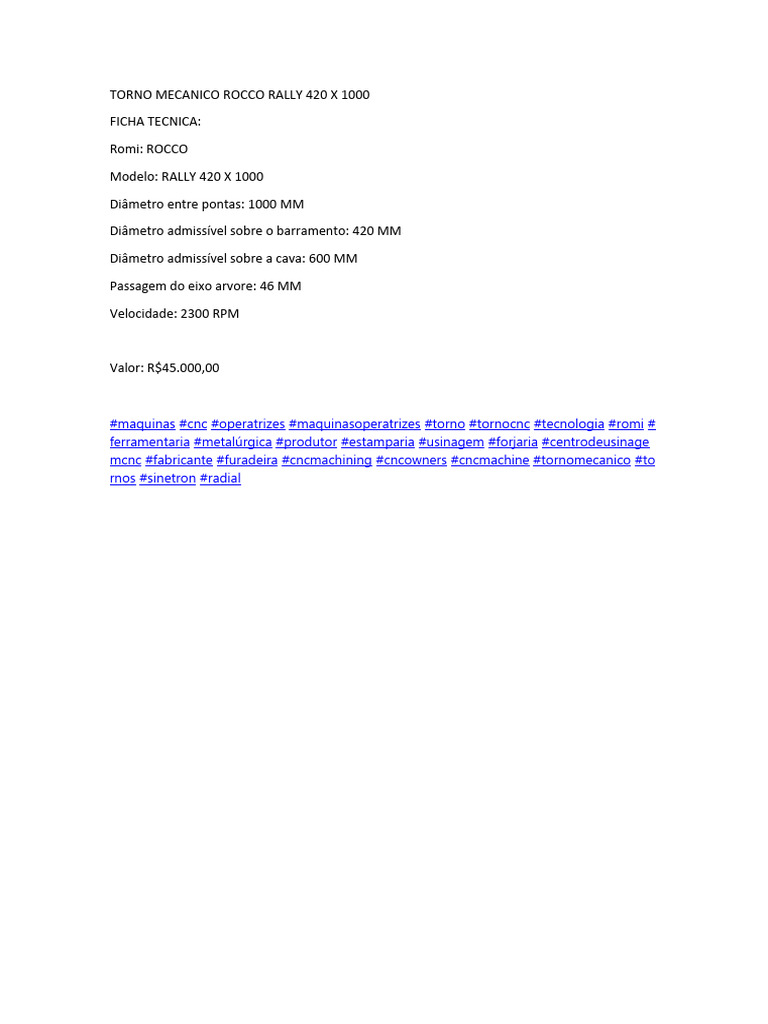 Torno Mecanico Rocco Rally 420 X 1000 | PDF