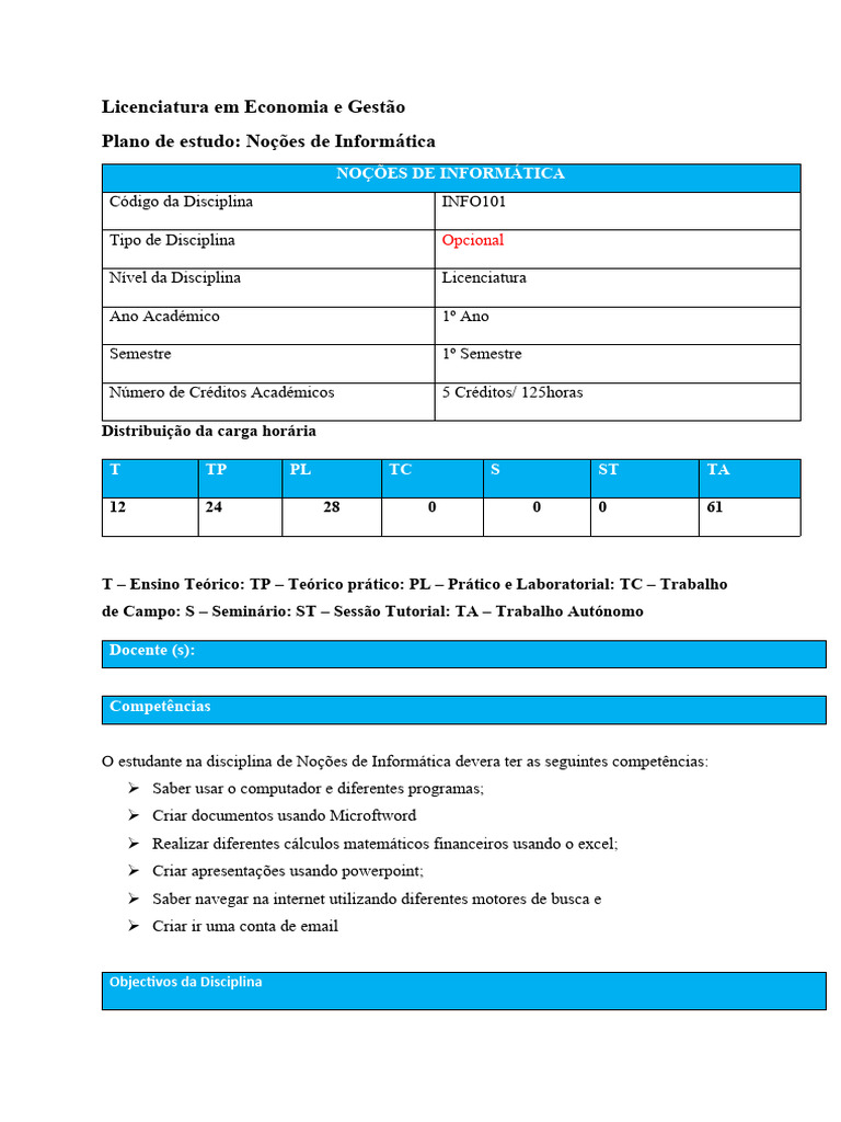 LEG-Plano de Estudo - Nocoes de Informatica | PDF | Microsoft Excel ...