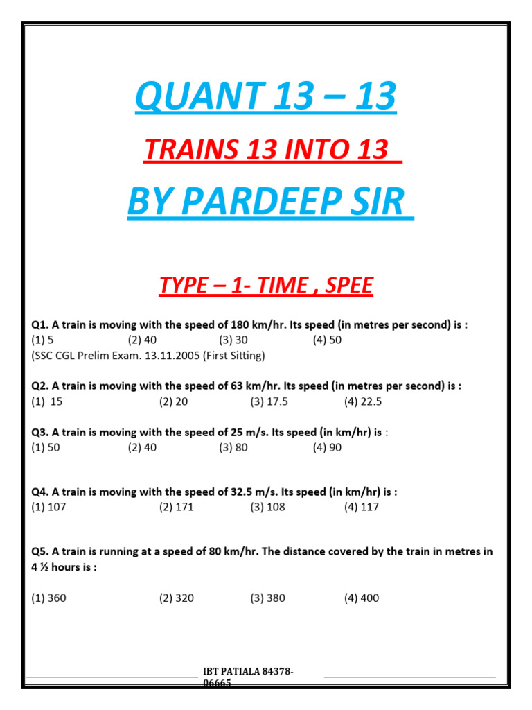 Trains 13 Into 13 by Pardeep Sir | PDF | Speed | Physical Quantities
