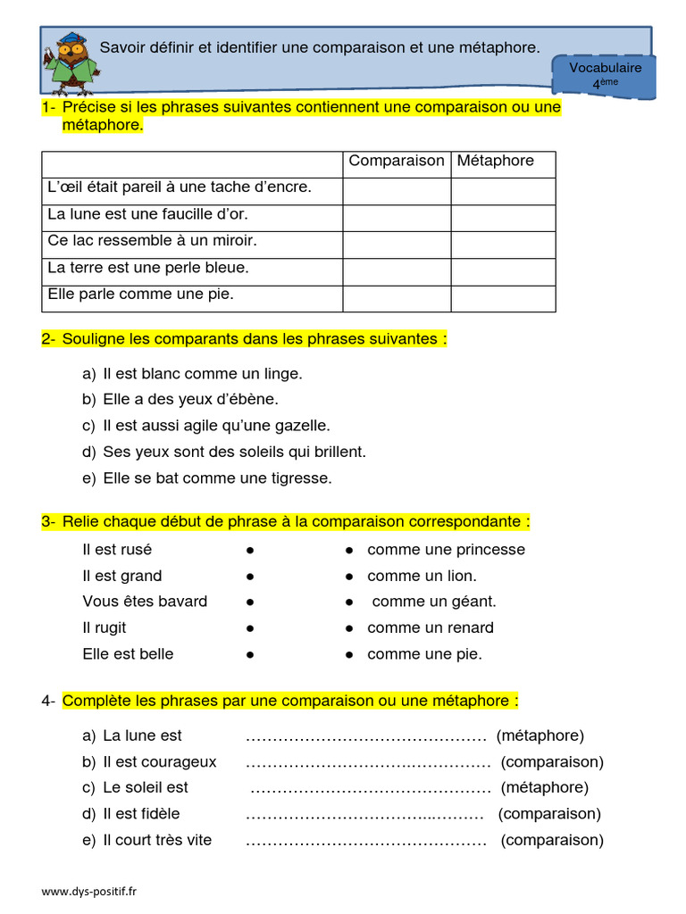 Exercices sur comparaisons et métaphores | PDF | Métaphore