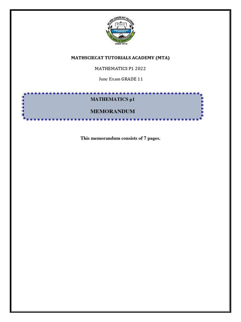 MTA MEMO June Exam p1 Grade 11 2022 | PDF | Applied Mathematics | Mathematical Objects