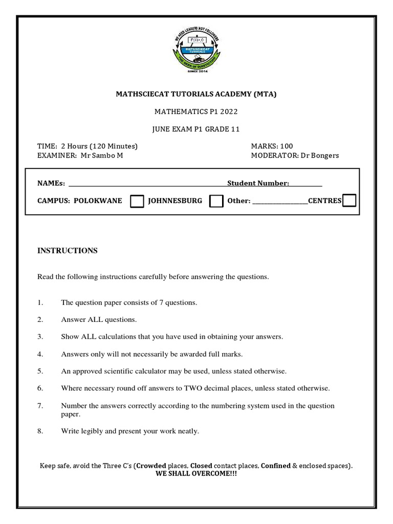 MTA Grade 11 June Exam 2022 | PDF | Square Root | Mathematical Concepts