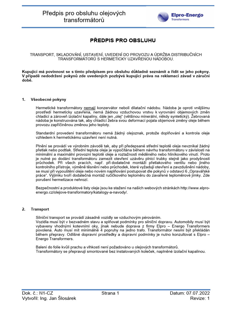 N1 Predpis Pro Obsluhu CZ | PDF