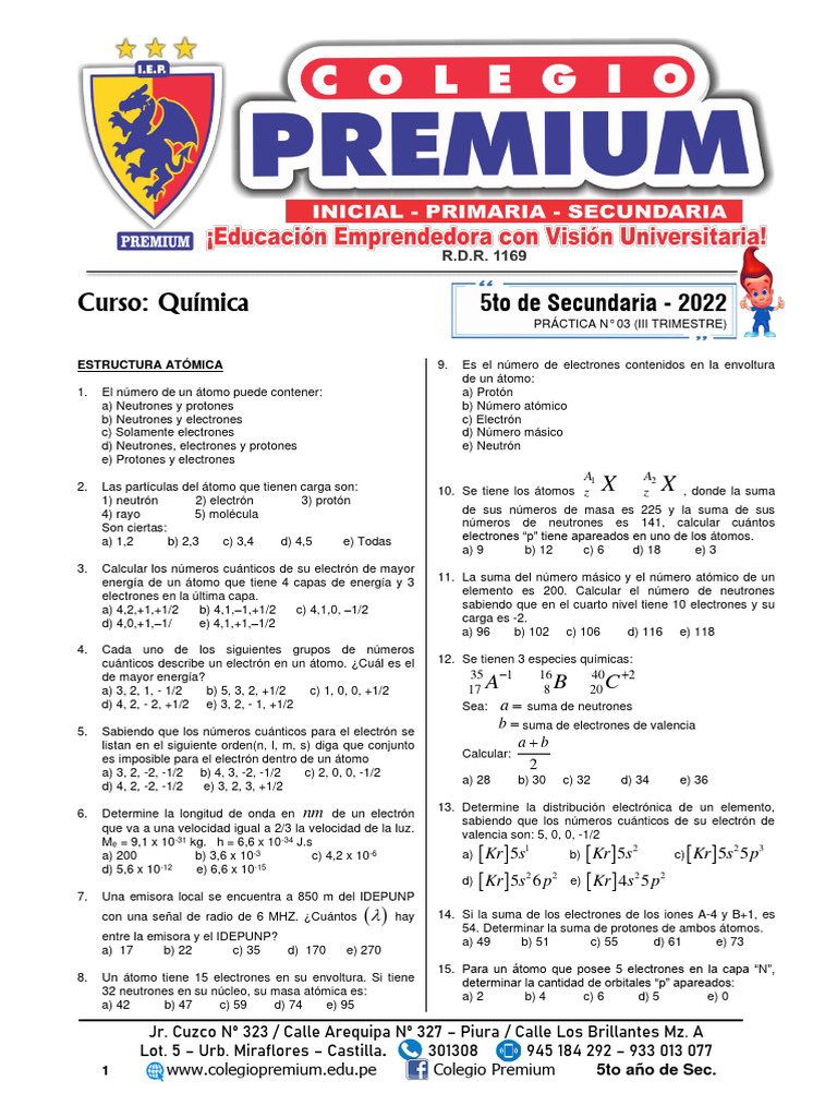 Quimica 5to 2022 III 03 Estructura Atomica | PDF | Electrón | Protón