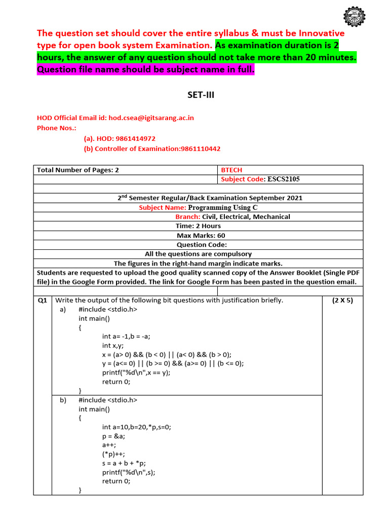Prog in C BTech 2nd Civil - Mech - Electrical Question Format 60 Marks ...