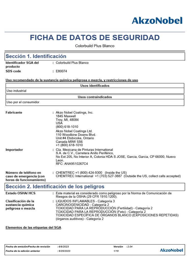 Hoja de seguridad-COLORBUILD PLUS BLANCO | PDF | Química