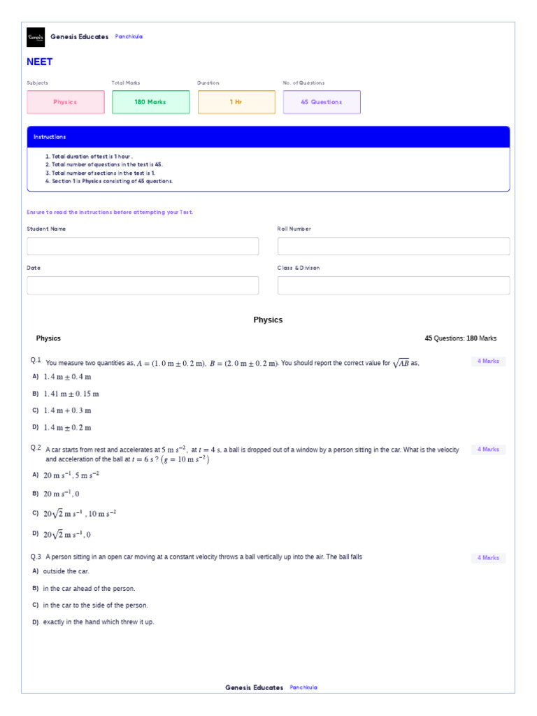 Part Test | PDF | Velocity | Acceleration