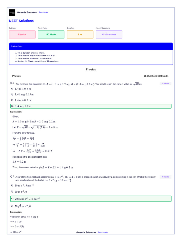 Part Test With Solutions | PDF | Acceleration | Velocity