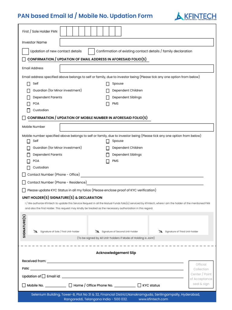 KFintech PAN Based Email Mobile Updation Form | PDF